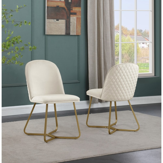 Quilted Back Side Chairs Set of 2 in Cream Velvet and Gold Base ...