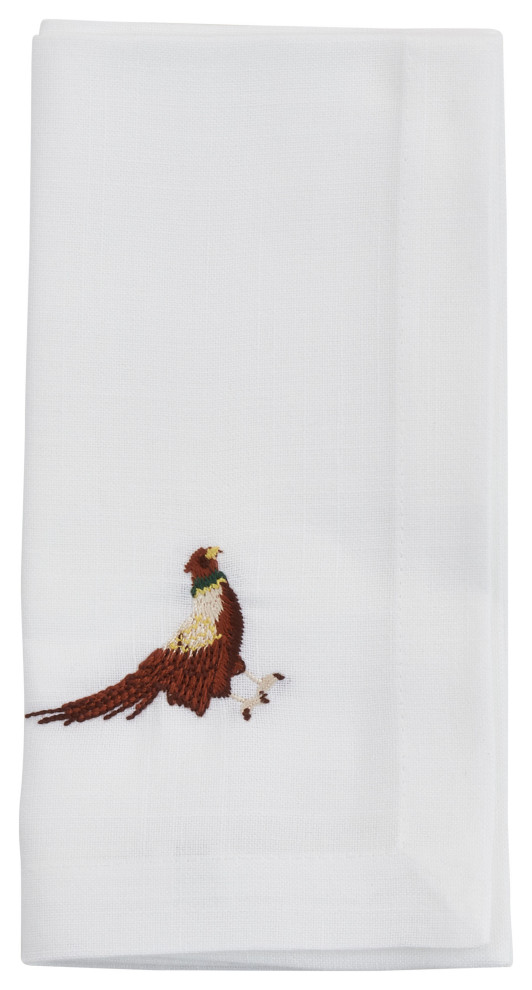 Table Napkins With Embroidered Pheasant Design (Set of 4), White, 20 ...