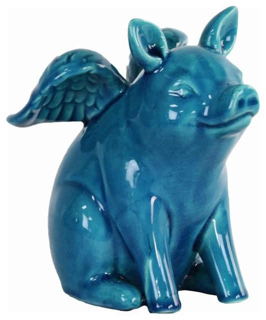 Winged Pig Sitting Figurine, Ceramic, Turquoise Blue - Farmhouse ...