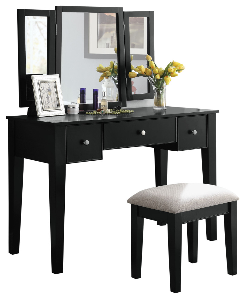 Benzara 3 Piece Wooden Vanity Set with Tri Fold Mirror, Black and Gray ...