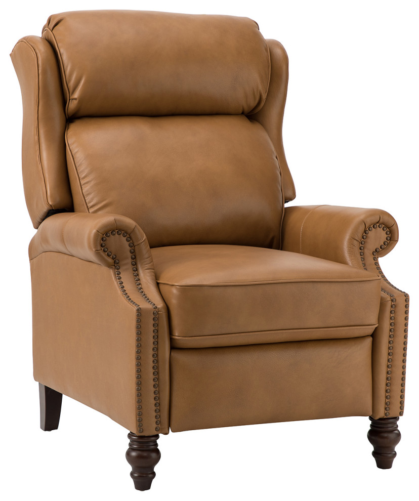Modern Genuine Leather Manual Recliner With Solid Wood Legs ...