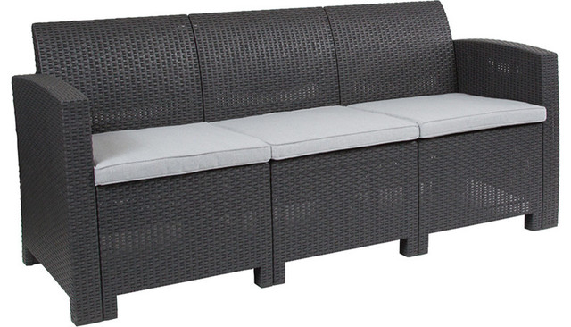 Dark Gray Faux Rattan Sofa With All-Weather Light Gray Cushions ...