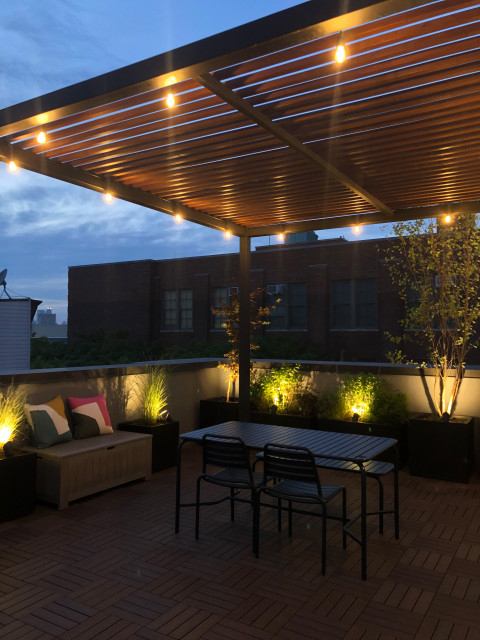 Red Hook, Brooklyn Rooftop Garden Pergola at Night - Contemporary ...