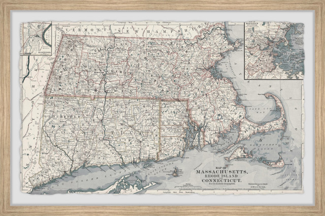 "Old Map of Massachusetts" Framed Painting Print, 36"x24 ...