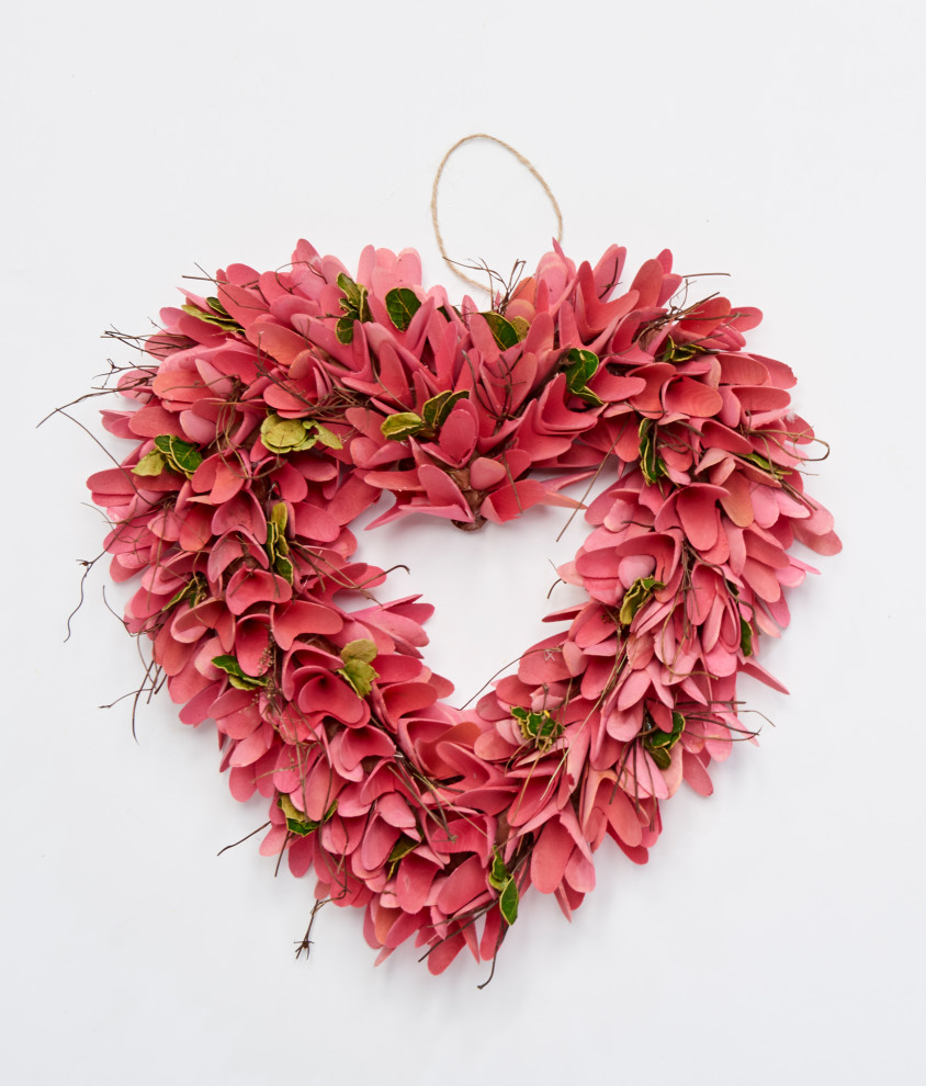 14" Wood Curl Heart Wreath With Twigs And Green Leaves - Modern ...