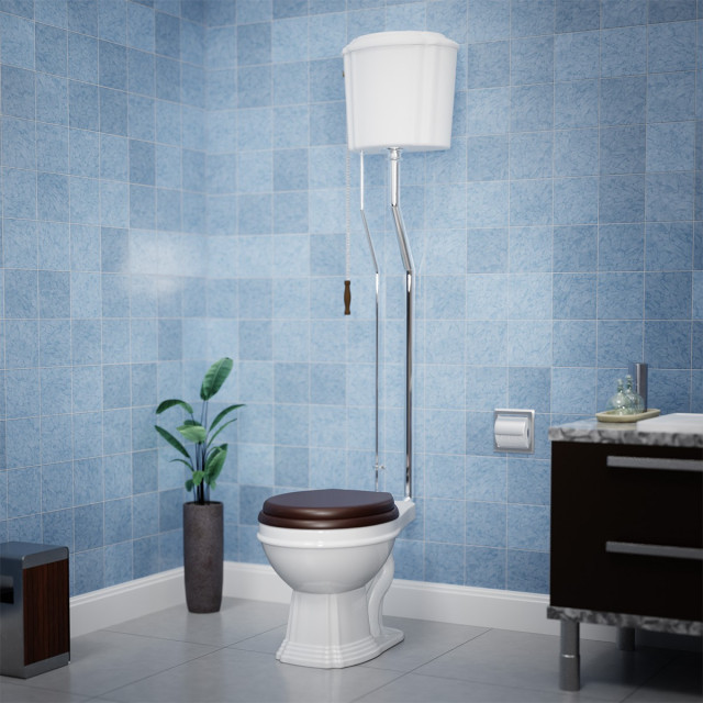 White High Tank Pull Chain Toilet Elongated Bowl with Chrome L-Pipe ...