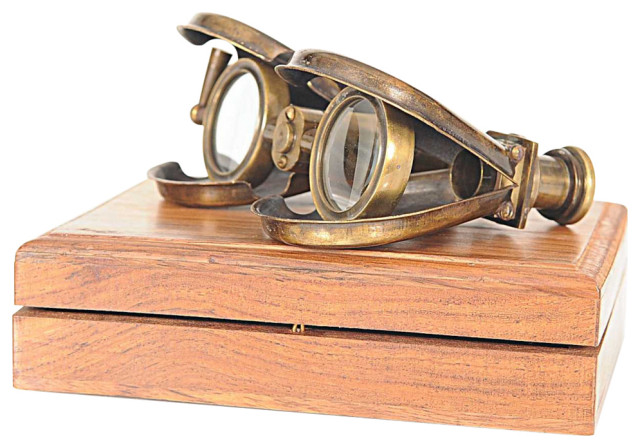 Brass Folding Pocket Binocular In Wood Storage Box - Traditional ...