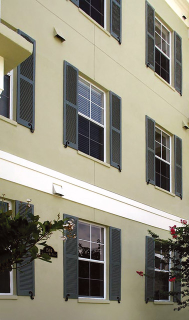 Mid-America Cathedral Top Mullion, Open Louver Shutters, Wedgewood Blue ...