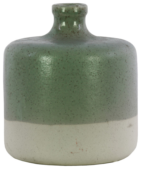 Ceramic Round Narrow Neck White Banded Rim Bottom Vase, Small, Green ...