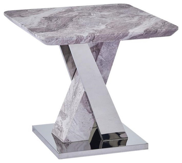 Home Square Faux Marble and Steel End Table in White and Silver - Set ...