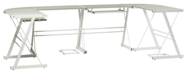 Contemporarty Desk, Angled Metal Legs With Glass Table Top & Open Shelf ...