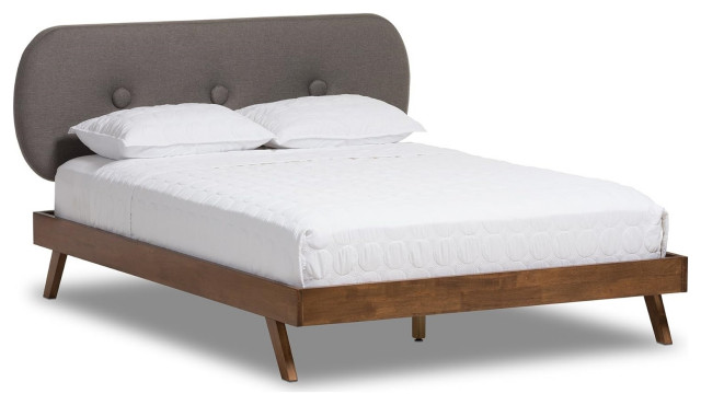 Mid-Century Grey Full Platform Bed with Rounded Headboard and Angled ...