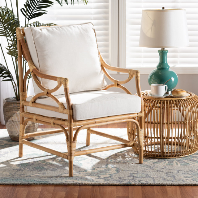 Brandon Modern Bohemian White Fabric Upholster and Natural Brown Rattan ...