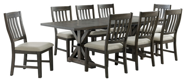 9 PCS Dining Set 96" Rectangular Table 8 Upholstered Side Chairs Gray ...