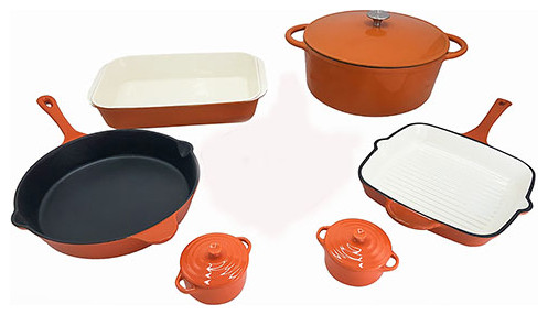 Le Chef 9 Piece Enamel Cast Iron Cookware Set, Orange - Contemporary ...