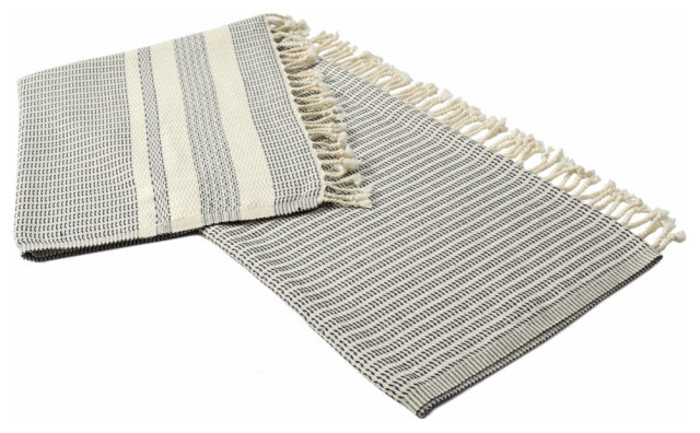Blue and White Woven Cotton Striped Throw Blanket - Contemporary ...