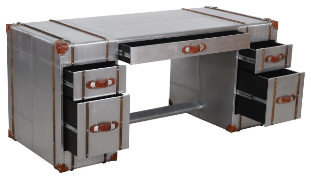 Pilot Executive Desk With Silver Aluminum Cladding and Leather Accents ...