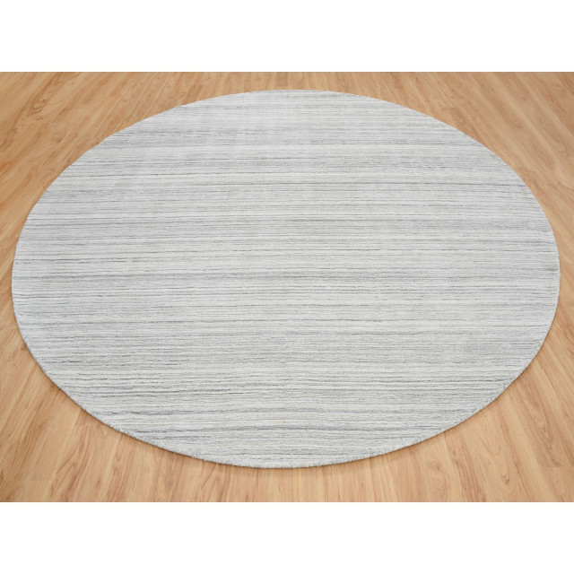Gray, Hand Loomed Undyed Natural Wool, Modern Design Round Rug, 12'0 ...