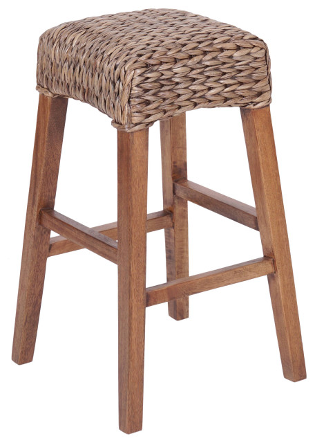 29.5"Rustic Bohemian Hyacinth/Wood Backless BarStool,Brown Woven Seat ...
