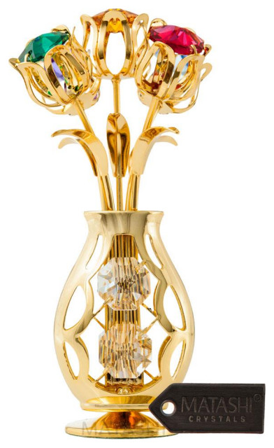 Matashi 24K Gold Plated Flowers Bouquet and Vase, Colorful Crystals ...