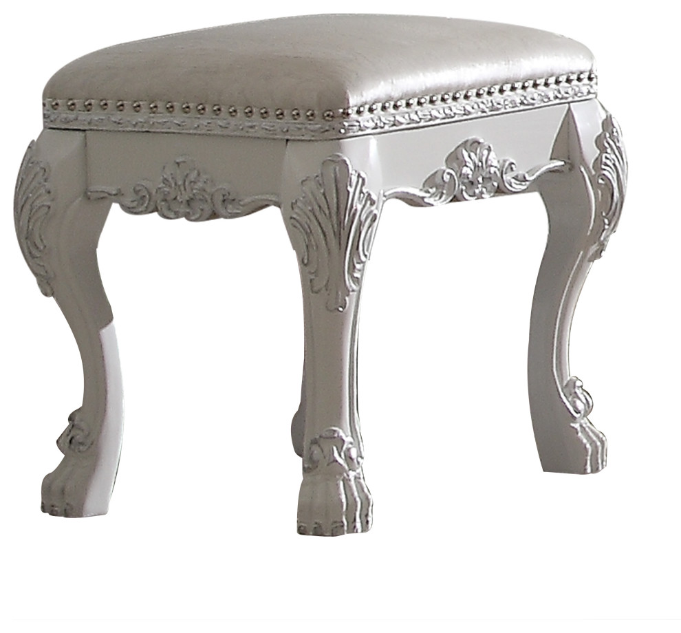 Benzara Wooden Vanity Stool with Claw Feet and Nailhead Trims, White ...