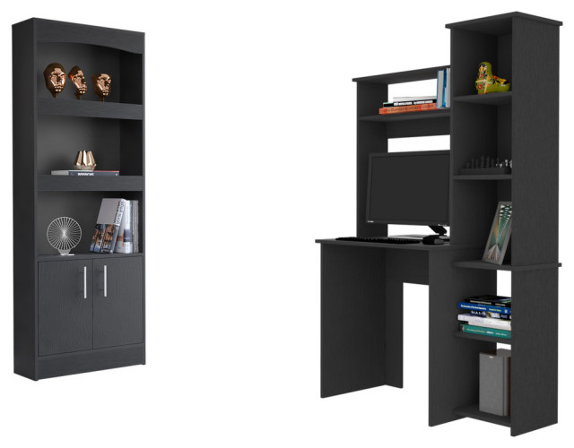 Detroit 2 Piece Office Set, Bookcase and Desk, Black - Transitional ...