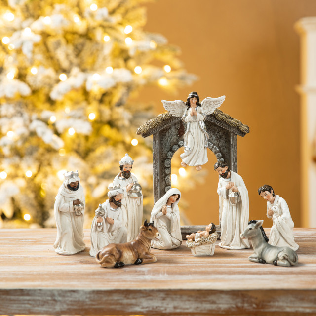 11-Piece Ivory Resin Nativity Figurine Set - Traditional - Holiday ...