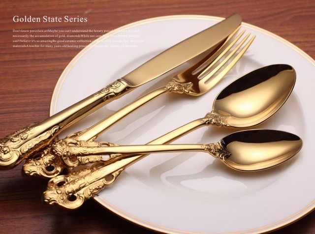 24-Piece Vintage 18K Gold Plated Stainless Steel Silverware Set, 6 ...