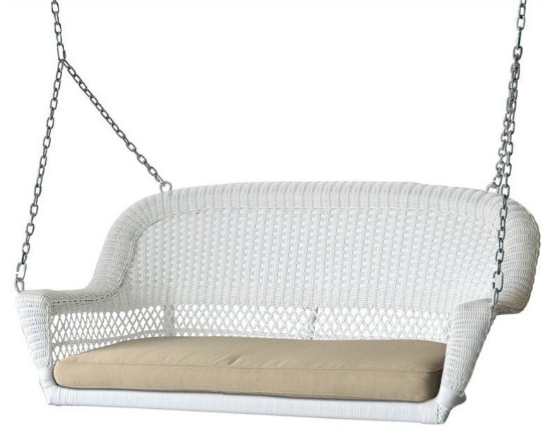 Jeco Resin Wicker Porch Swing with Cushion in White and Tan - Tropical ...