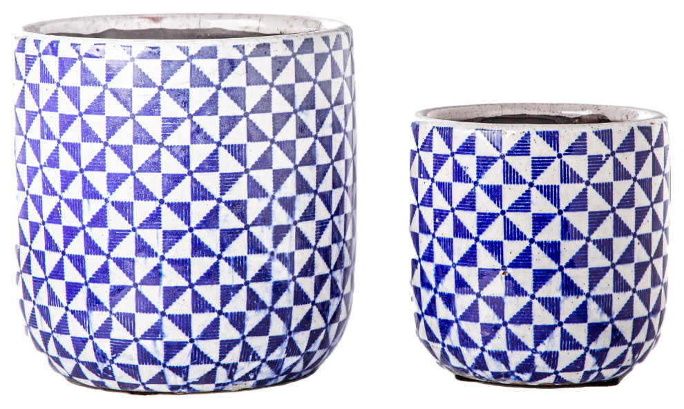 Round Ceramic Pot with Endless Symmetric Design Gloss Blue Finish, Set ...