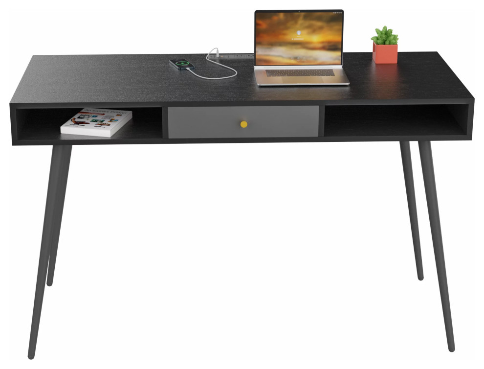 Minimalist Desk, Angled Legs With Side Open Compartments & Center ...