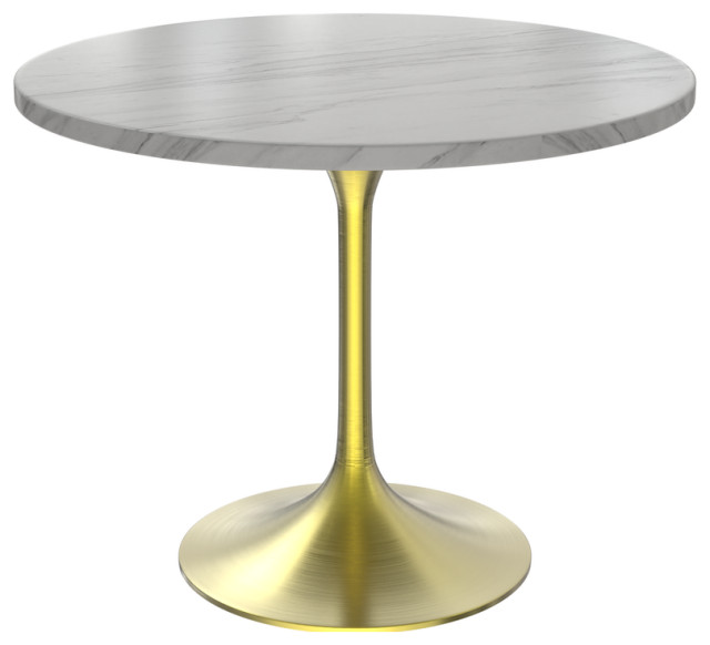 36 Round Dining Table, Brushed Gold Base with Sintered Stone White Top ...