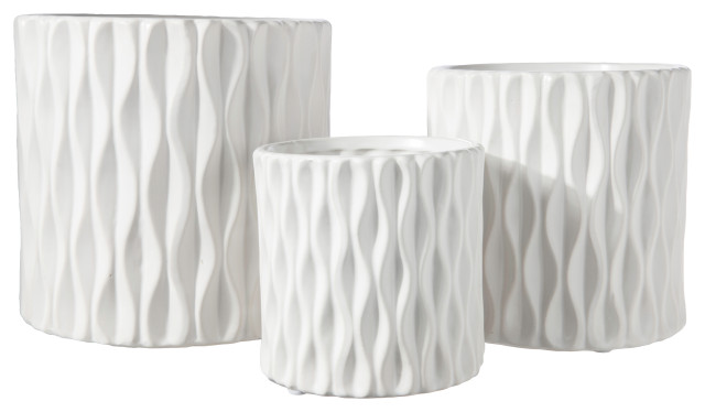 Round Ceramic Pot with Embossed Wave Pattern Matte White Finish, Set of ...