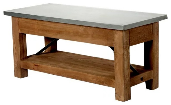 Rustic Industrial 40" Wood and Zinc Bench with Lower Shelf, Galvanized ...