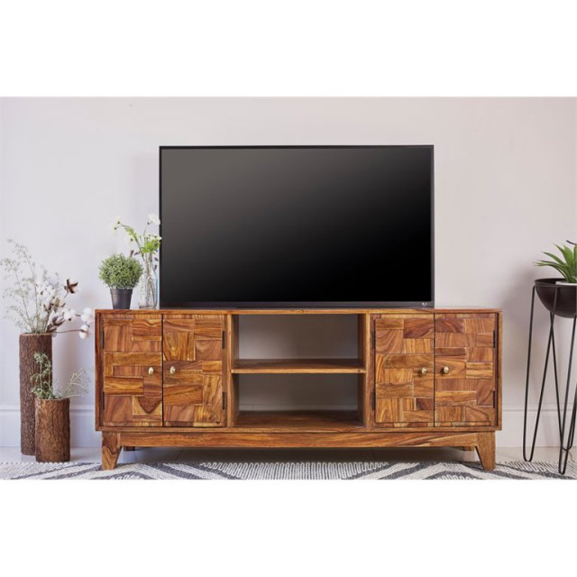 Rustic Sheesham Wood TV Console with Unique Patterned Doors, Natural ...