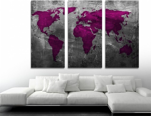 Abstract Purple World Map Canvas Print 3 Panel Split, Triptych Wall Art ...