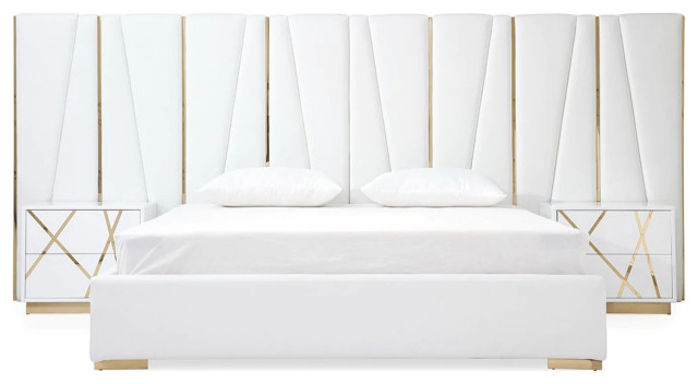 Rhett Modern White Bonded Leather and Gold Bed, Queen - Contemporary ...