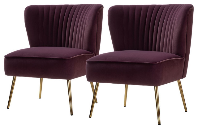 Set of 2 Accent Chair, Angled Legs With Velvet Seat & Channeled Back ...