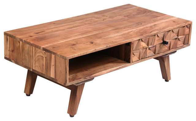 Reed 37" Wood Coffee Table With 3D accent Drawers, Oak Brown - Rustic ...