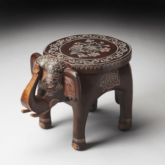 15" Warm Brown Hand Painted Floral 3D Elephant End Table ...