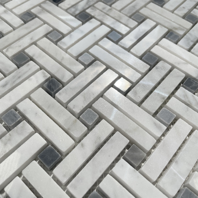 Carrara White Diagonal Basket Weave Gray dots Marble Mosaic Polished, 1 ...