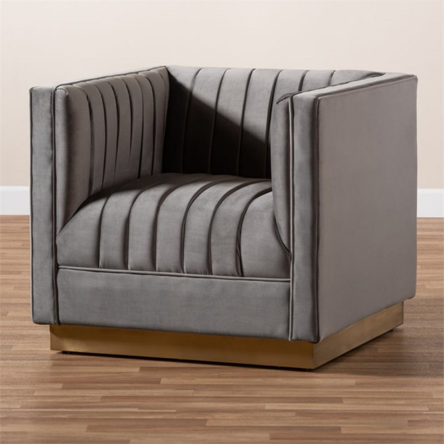 Bowery Hill 17.3" Modern Velvet Channel Tufted Armchair in Gray ...
