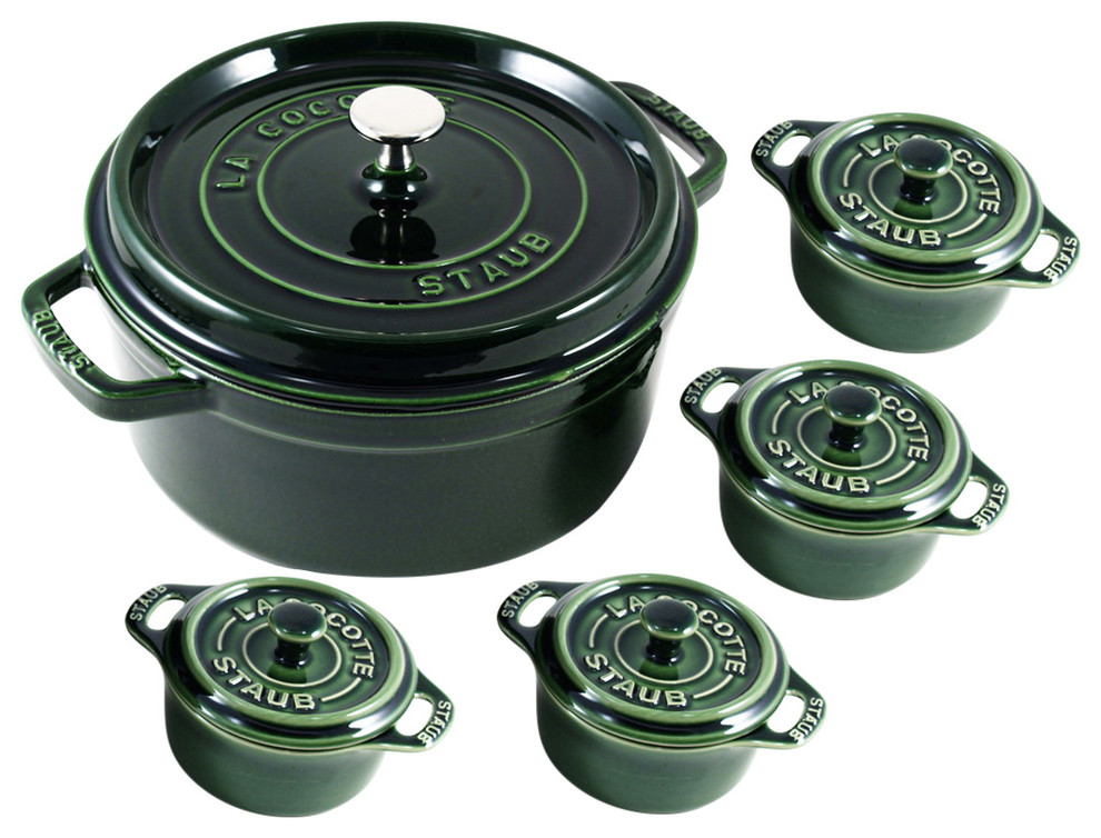 Staub Basil Round Enameled Cast Iron 4 Quart Cocotte with 4 Mini ...