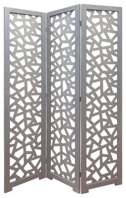 3 Panel Contemporary Wooden Screen with Cut Pattern Design, Gray ...