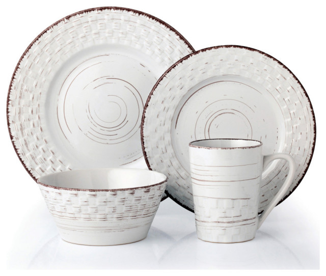 Basket-weave 16 piece Stoneware Dinner Set Service for 4 - Farmhouse ...