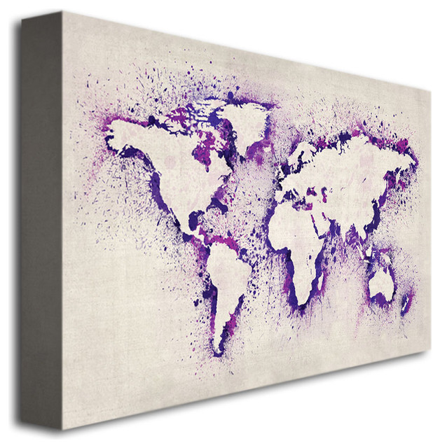 'Purple Paint Outline World Map' Canvas Art by Michael Tompsett, 16" x ...