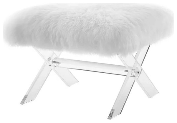 Modern Clear and White Foot Stool with Sheepskin Padded Seat and X ...