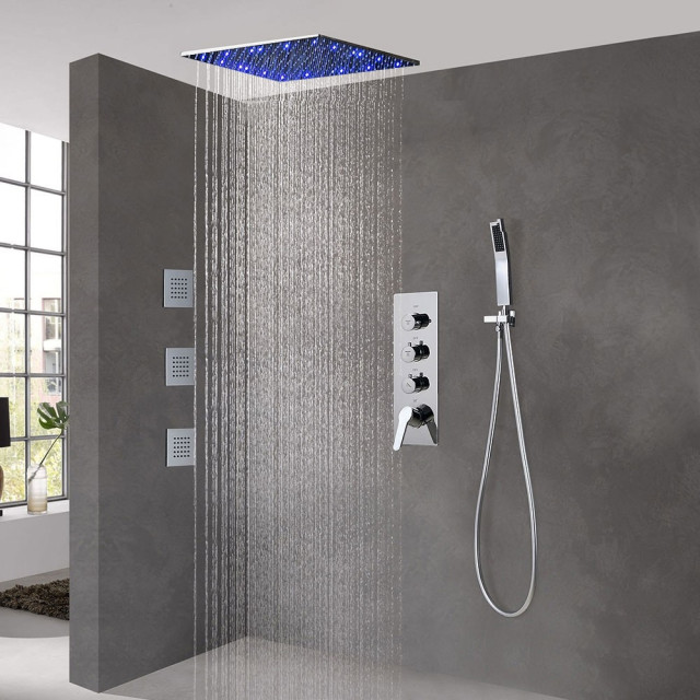 Brushed Nickel Ceiling Mount LED Rainfall Shower Set Thermostat, BS ...
