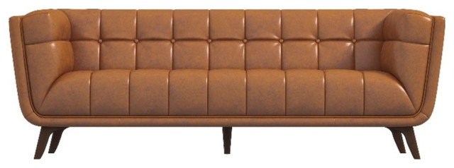 Pemberly Row Mid-Century Aniline Leather Tufted Back Sofa in Tan ...