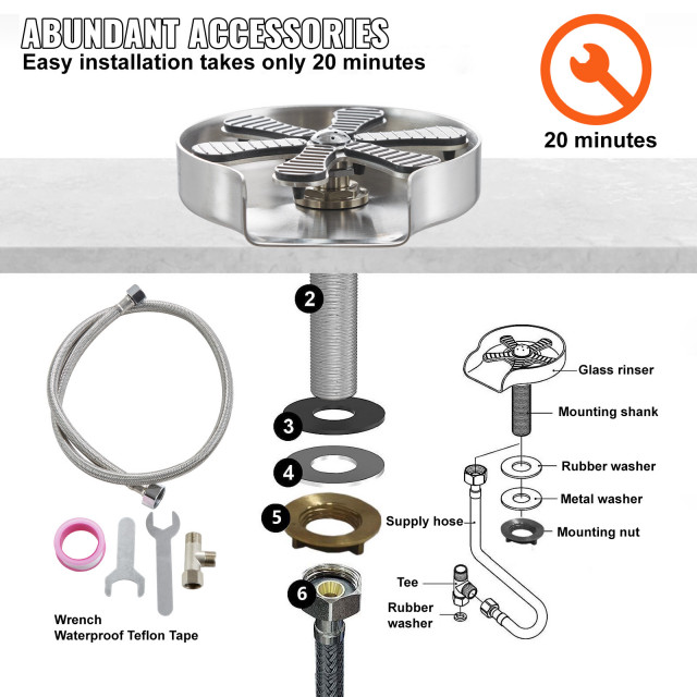 VEVOR Glass Rinser Cup Rinser 10 Holes Spraying 360 Rotating Stainless ...